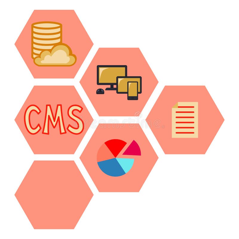 Colorful Cartoon Pattern of Cms Elements. Hexagon Arrow Point Right ...