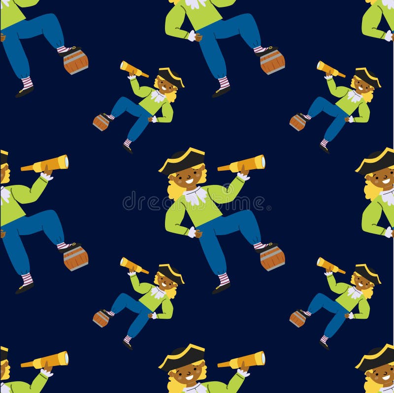 Colorful Cartoon Pirate Pattern with Telescopes on Navy Background ...