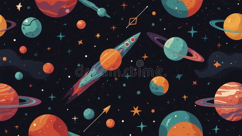 Colorful Cartoon Planets and Rockets in a Whimsical Outer Space Scene ...