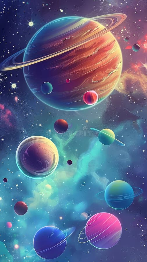 Colorful Cartoon Planets in Space with Neon Glow Against Cosmic ...