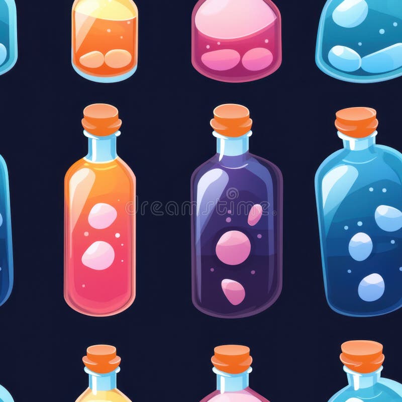 Colorful Cartoon Potion Bottles Seamless Pattern with Dark Background ...