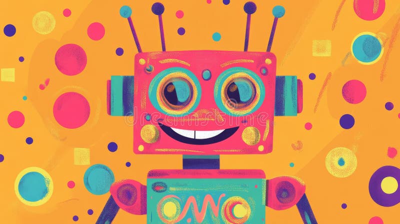 Colorful Cartoon Robot with Circles on Orange Background Stock Image ...