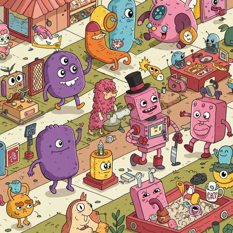 Colorful Cartoon Scene Featuring Quirky, Anthropomorphic Characters in ...