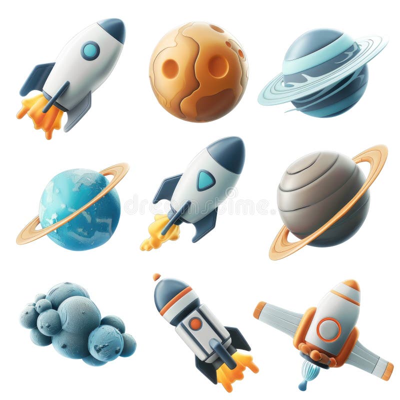 Colorful Cartoon Spaceships and Planets - Cute Illustrated Space ...
