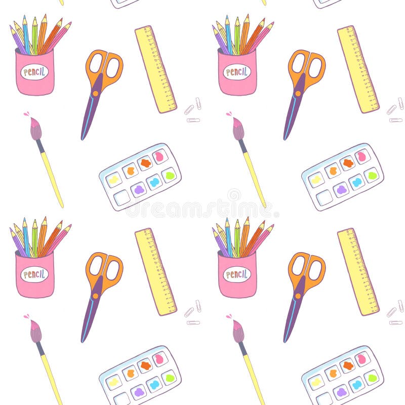 Colorful Cartoon Stationery, Seamless Pattern Stock Illustration ...