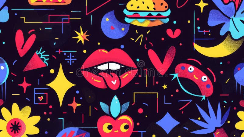 Colorful Cartoon Style Background with Fun Fast Food and Abstract ...