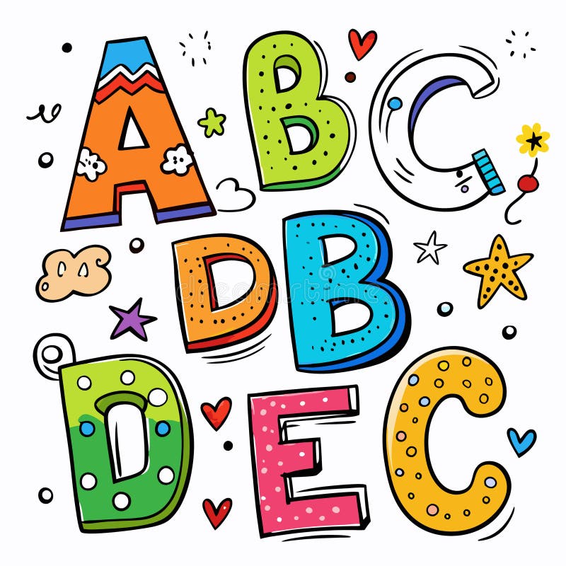 Colorful, Cartoon-style Letters a, B, C, D, and E with Polka Dots and ...