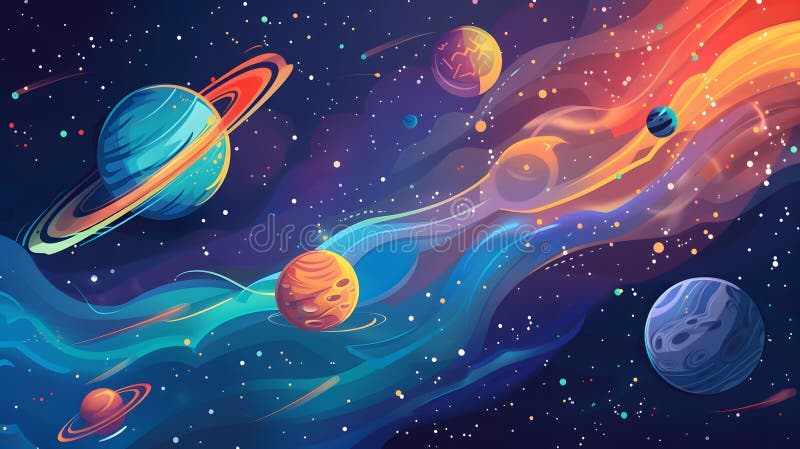 Colorful Cartoon Style Space Illustration with Planets and Stars. Stock ...