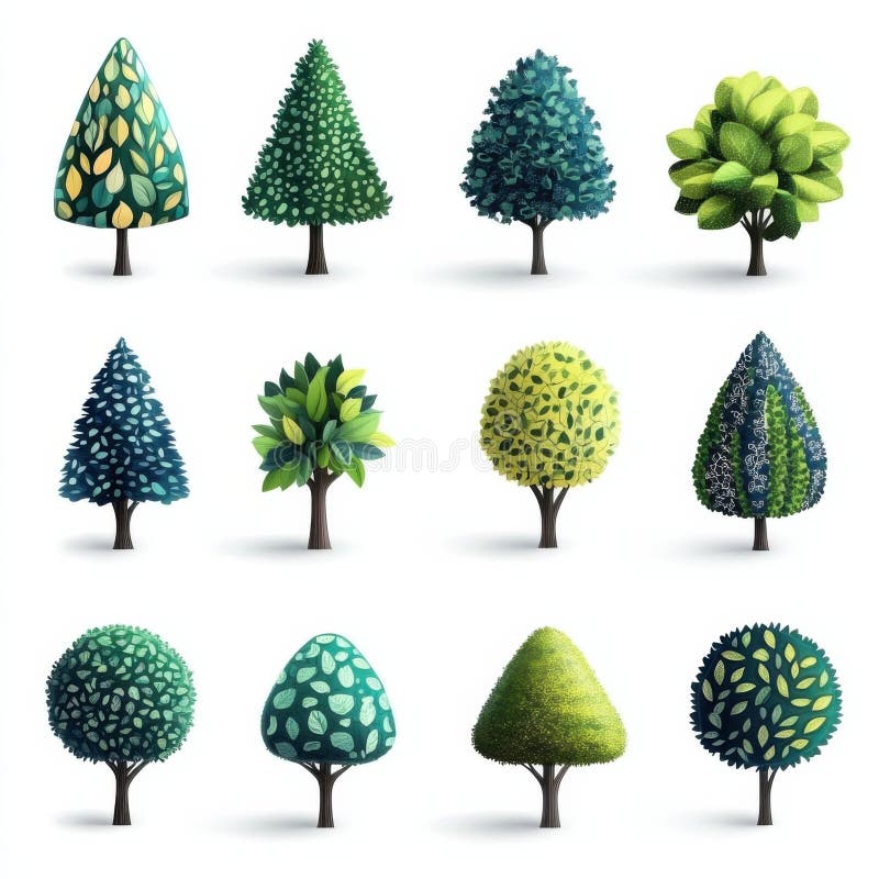 Colorful Cartoon Trees with Diverse Leaf Patterns and Designs Stock ...