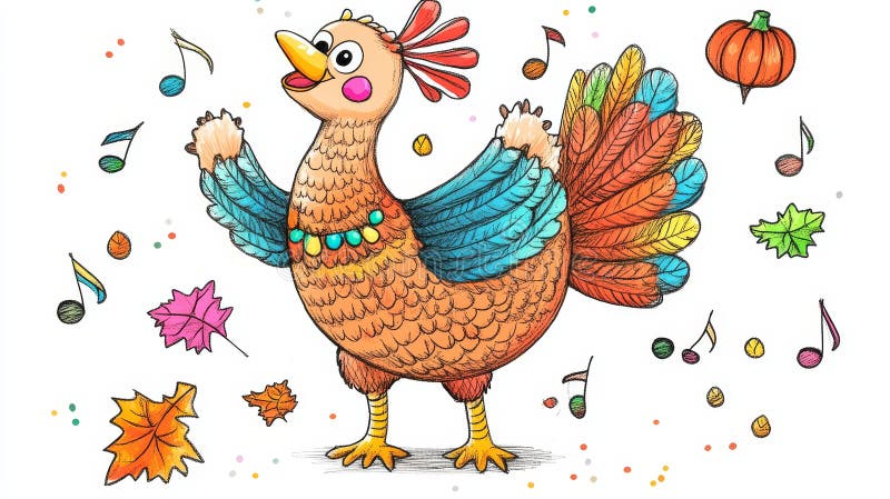 Colorful Cartoon Turkey Dancing among Falling Leaves and Music Notes ...