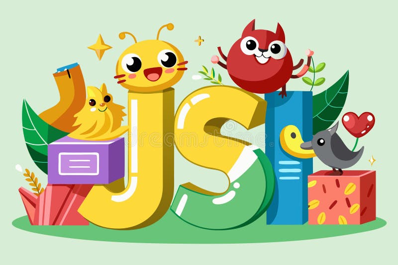 Colorful Cartoon Vector Illustration Showcasing Fun Javascript Elements ...