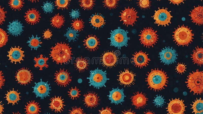Colorful Cartoon Virus Pattern with Playful Characters on Dark ...