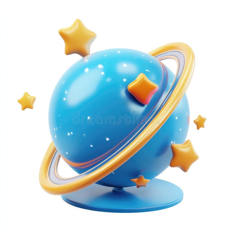 Charming Cartoon Planet with Golden Rings and Stars Stock Illustration ...
