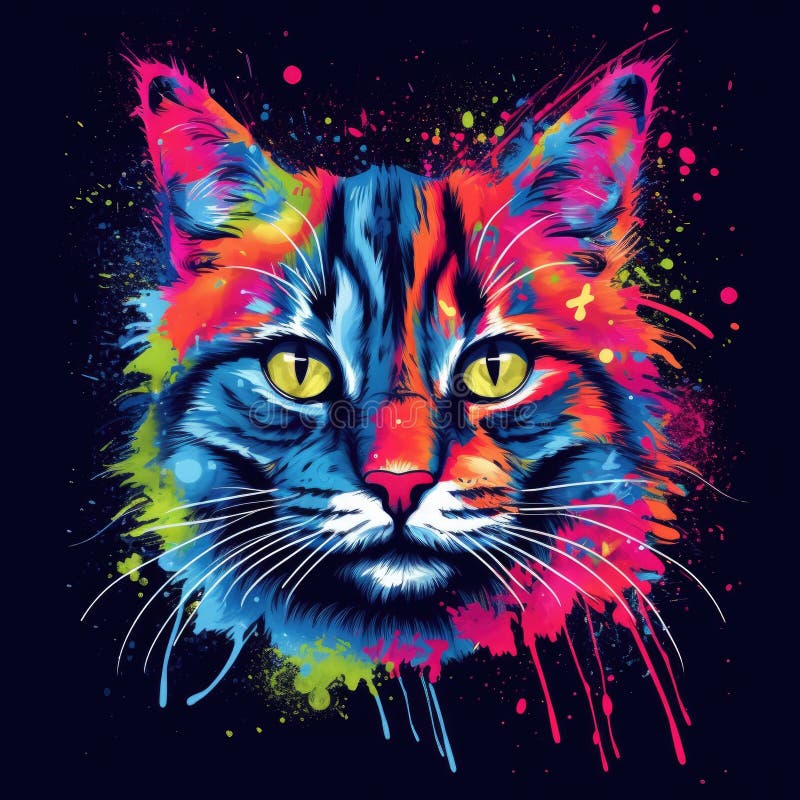 Colorful Cat Head Art, Artistic Illustration, Multicolor Paint Splash ...