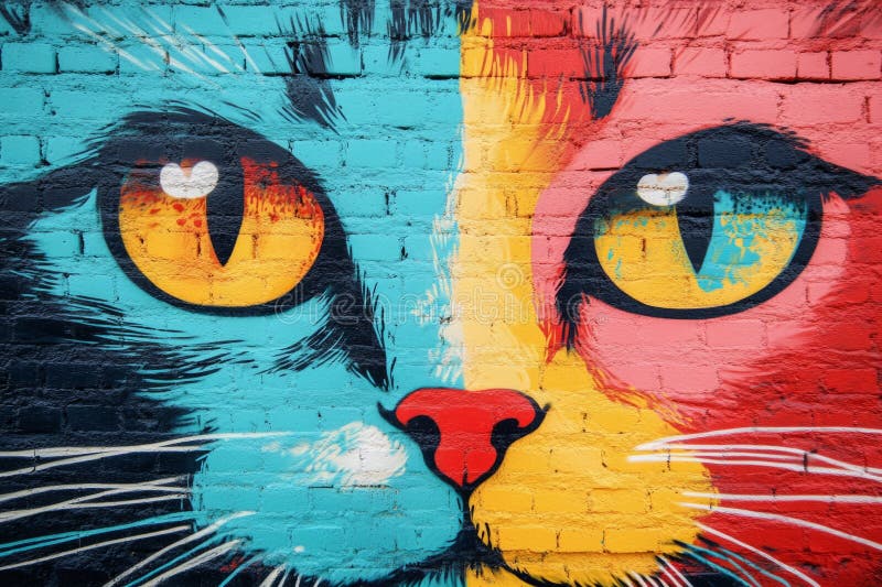 Colorful Cat Mural with Vivid Eyes Painted on a Brick Wall Editorial ...