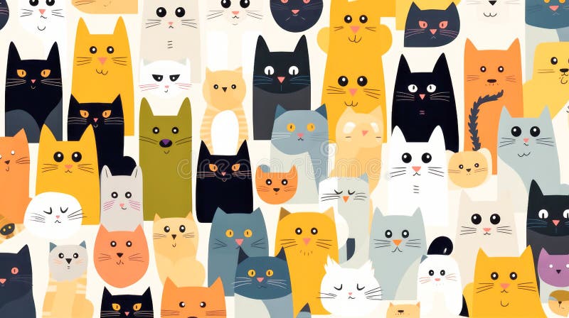 Colorful Cat Pattern. Creative Collage of Illustrated Cats in Various ...