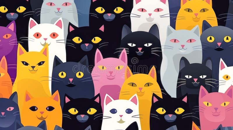 Colorful Cat Pattern. Creative Collage of Illustrated Cats in Various ...