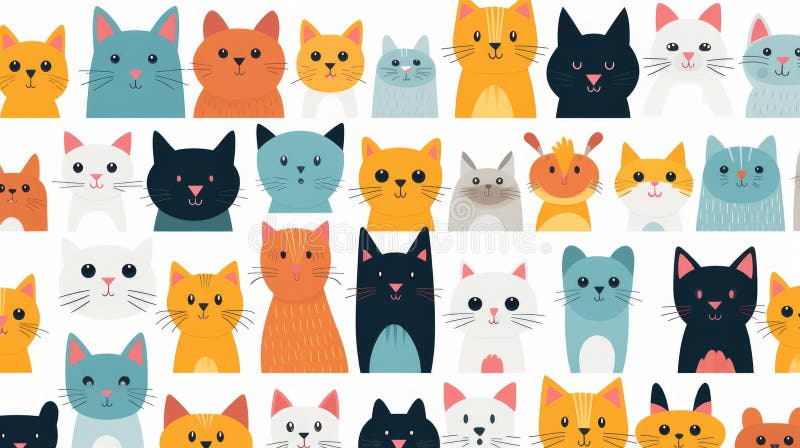Colorful Cat Pattern. Creative Collage of Illustrated Cats in Various ...