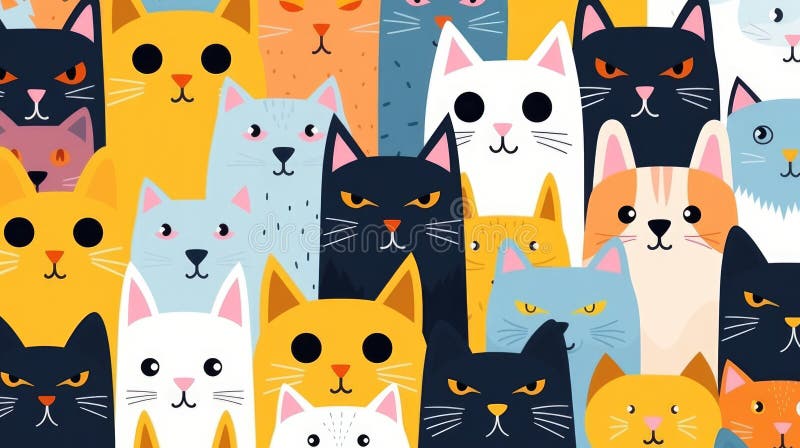 Colorful Cat Pattern. Creative Collage of Illustrated Cats in Various ...