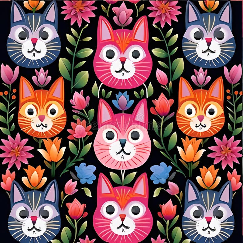 Colorful Cats in a Floral Pattern Stock Vector - Illustration of ...