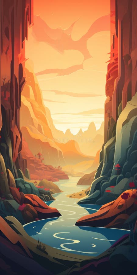 Colorful Cave Illustration: Modern Art Style with Forest and Dunes ...