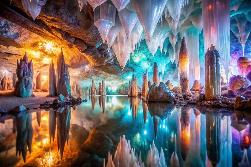 Colorful Cave Interior with Water Reflections Stock Illustration ...