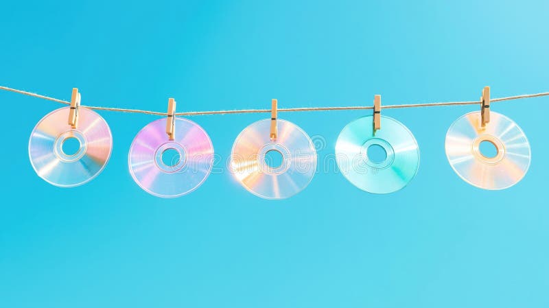 Colorful CDs Hang from String of Clothespins Against Bright Blue Sky ...
