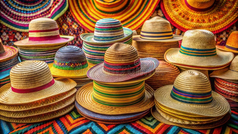 A Colorful Celebration of Summer a Stacked Array of Woven Straw Hats in ...