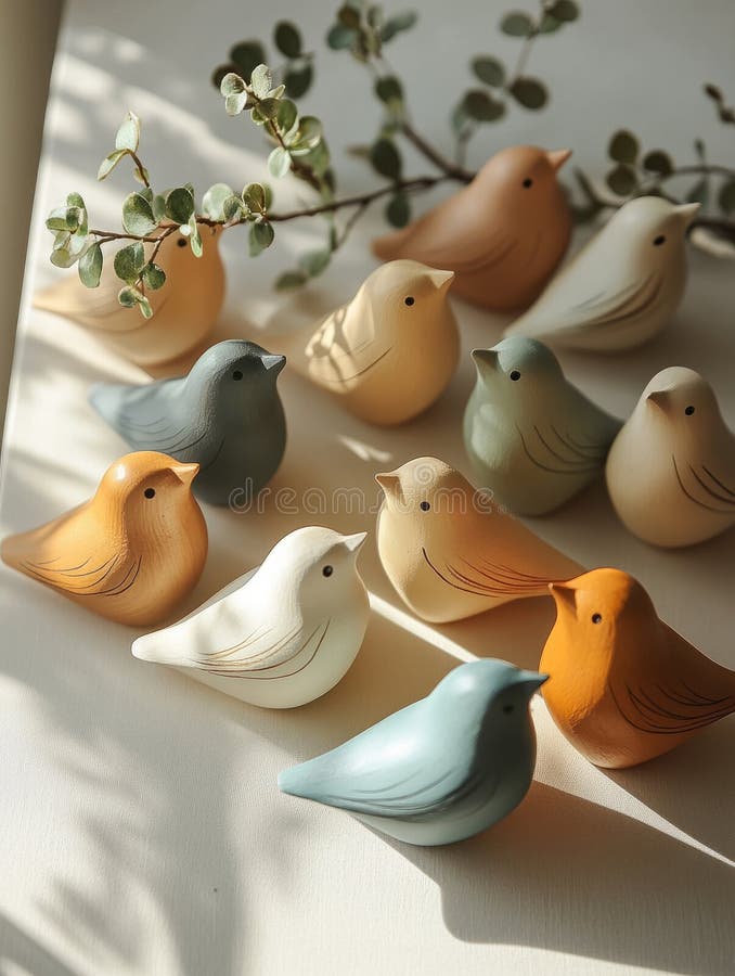 Colorful Ceramic Bird Figurines Arranged on a Surface. Stock Photo ...