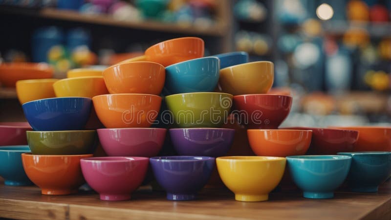 Colorful Ceramic Bowls on Display in a Store. Stock Illustration ...