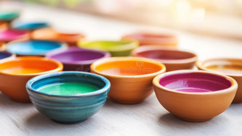 Colorful Ceramic Bowls Lying Empty, Nestled on Rustic Wooden Backdrop ...