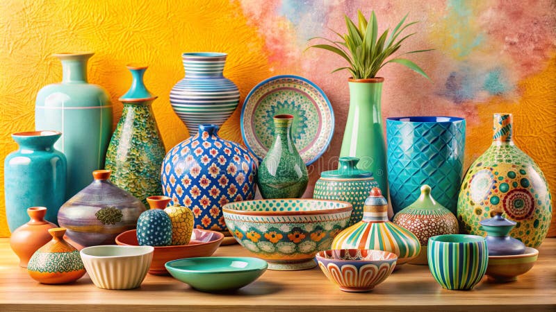 Colorful Ceramic Decorative Objects Meticulously Arranged on a Table ...