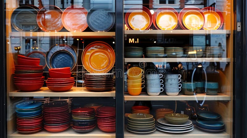 Colorful Ceramic Dinnerware Display in Store Window. Concept of Home ...