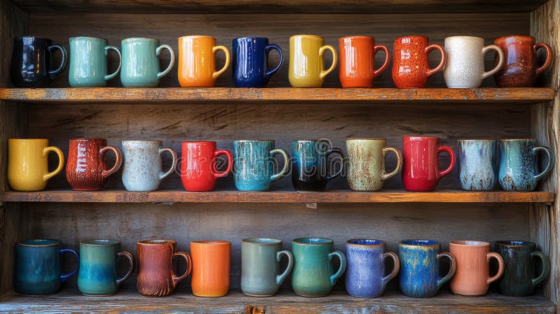Colorful Ceramic Mugs on Rustic Wooden Shelves Stock Illustration ...