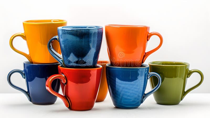 Colorful Ceramic Mugs Stacked Playfully on a White Background, Vibrant ...