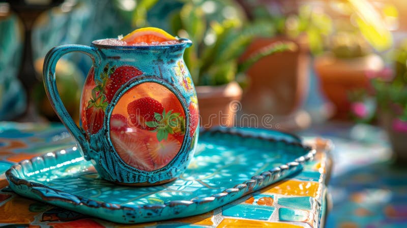 A Colorful Ceramic Pitcher with Drink on a Patterned Table. Stock Photo ...