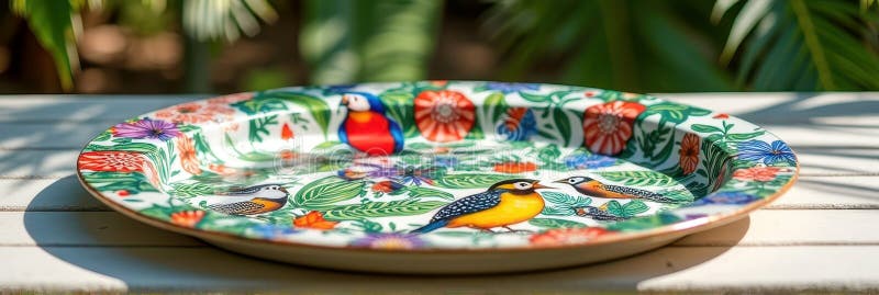 Colorful Ceramic Plate with Bird and Floral Design on Outdoor Table ...