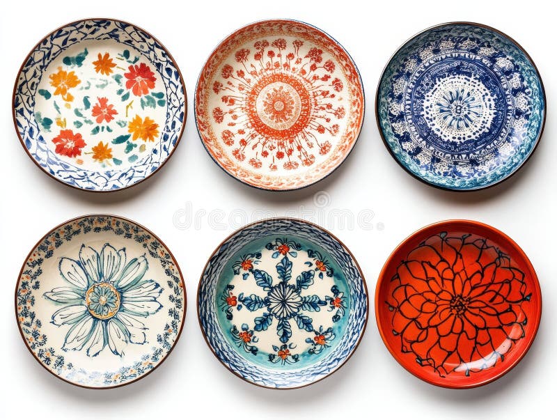 Colorful Ceramic Plates Featuring Floral Patterns Displayed on a White ...