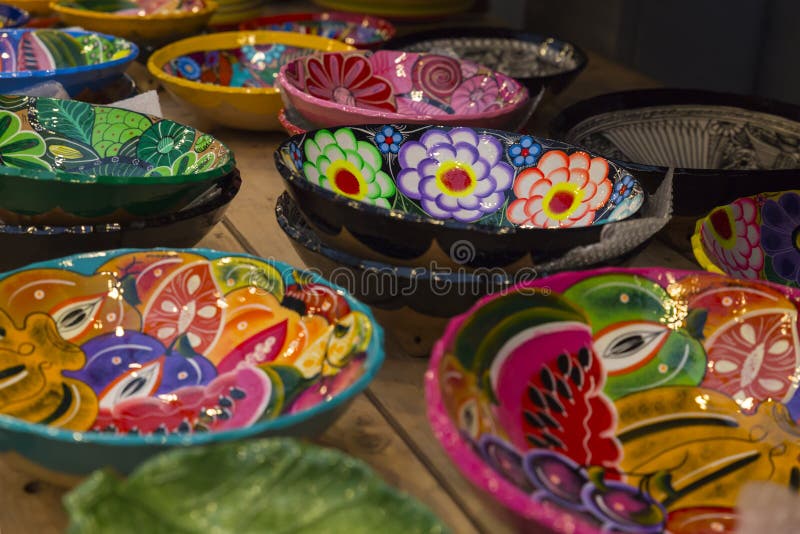 Colorful Ceramic Plates with Flower Patterns Stock Photo - Image of ...