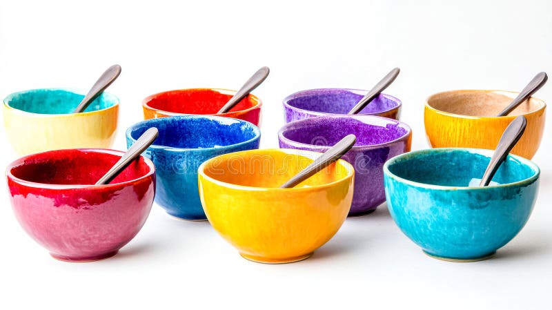 Colorful Ceramic Soup Bowls with Spoons on White Background Stock Image ...