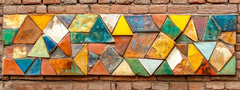 Colorful Ceramic Tiles Forming Geometric Pattern on Rustic Brick Wall ...