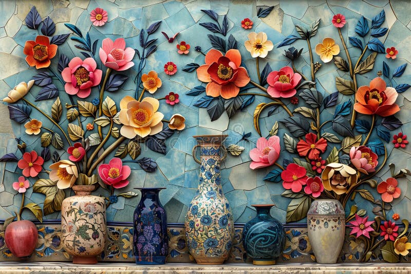 Colorful Ceramic Vases with Flowers on the Wall of the House Stock Illustration - Illustration ...