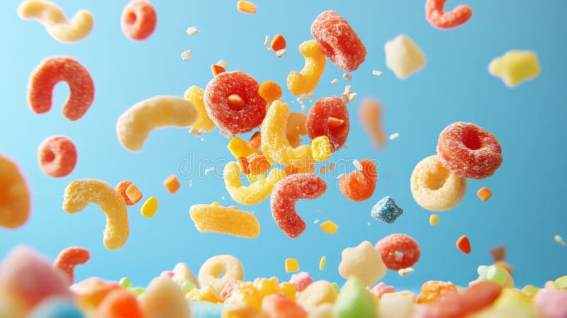 Colorful Cereal and Candy Pieces Falling on Blue Background Stock ...