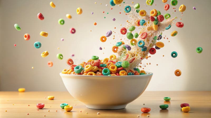 Colorful Cereal Rings Exploding into a White Bowl on a Wooden Table ...