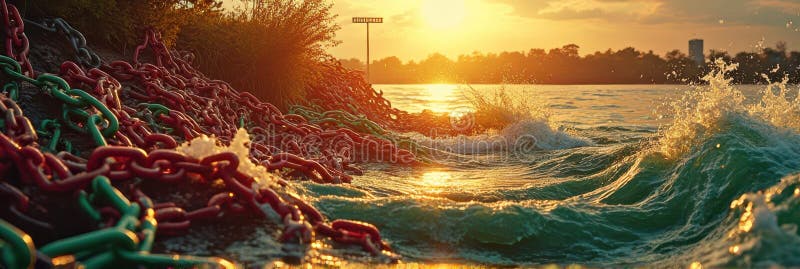 Colorful Chains on Shoreline with Sunset and Waves Stock Photo - Image ...