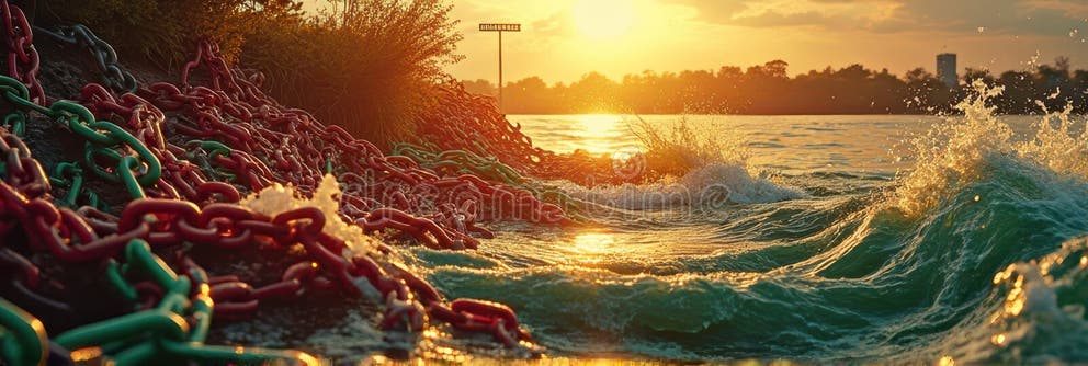 Colorful Chains on Shoreline with Sunset and Waves Stock Photo - Image ...