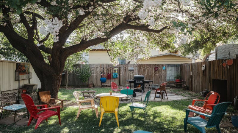 Colorful Chairs Under Blooming Tree in Sunny Backyard Stock ...