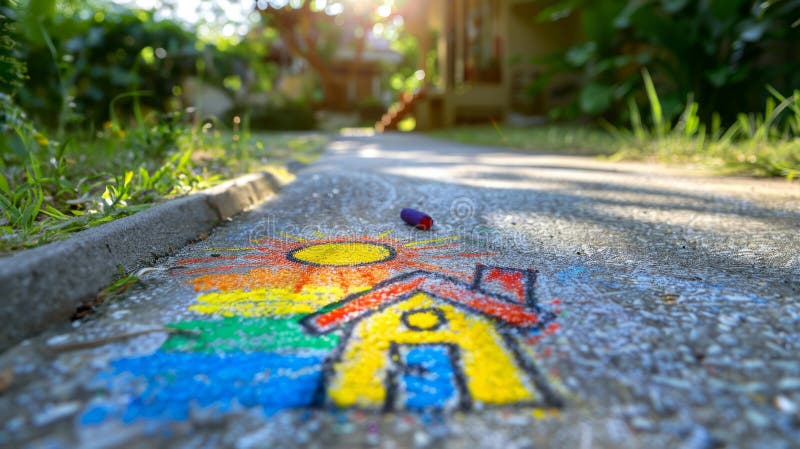 A Colorful Chalk Drawing of a House and Sun on a Sidewalk. Stock Photo ...
