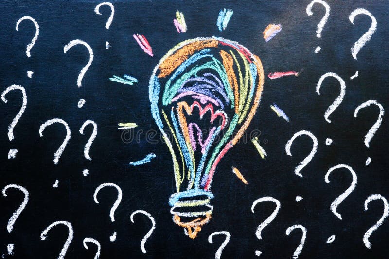 Colorful Chalk Drawing of a Lightbulb and Question Marks. Brainstorming ...