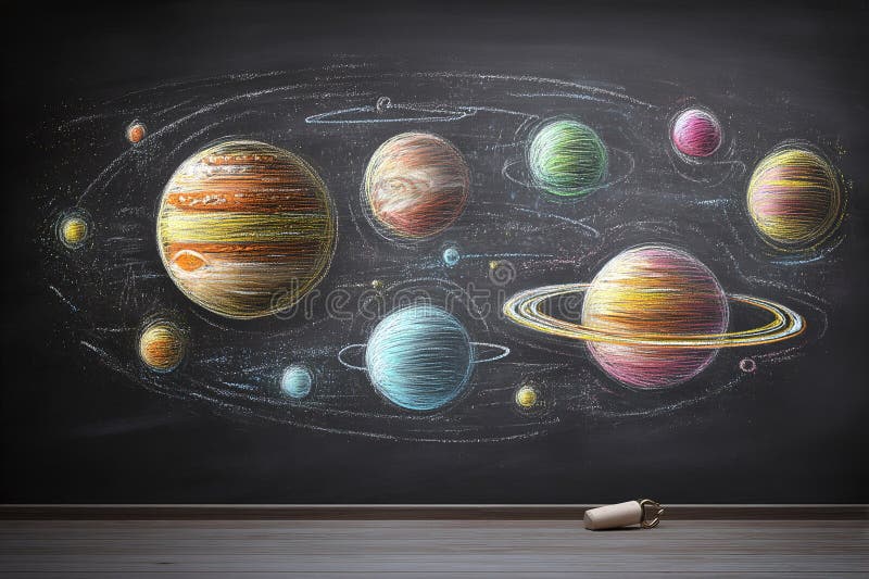 Colorful Chalk Drawing of the Solar System on a Blackboard in a ...